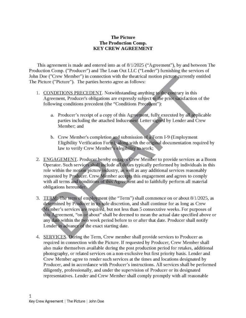 Key Crew Agreement for Indie Film | Thoolie